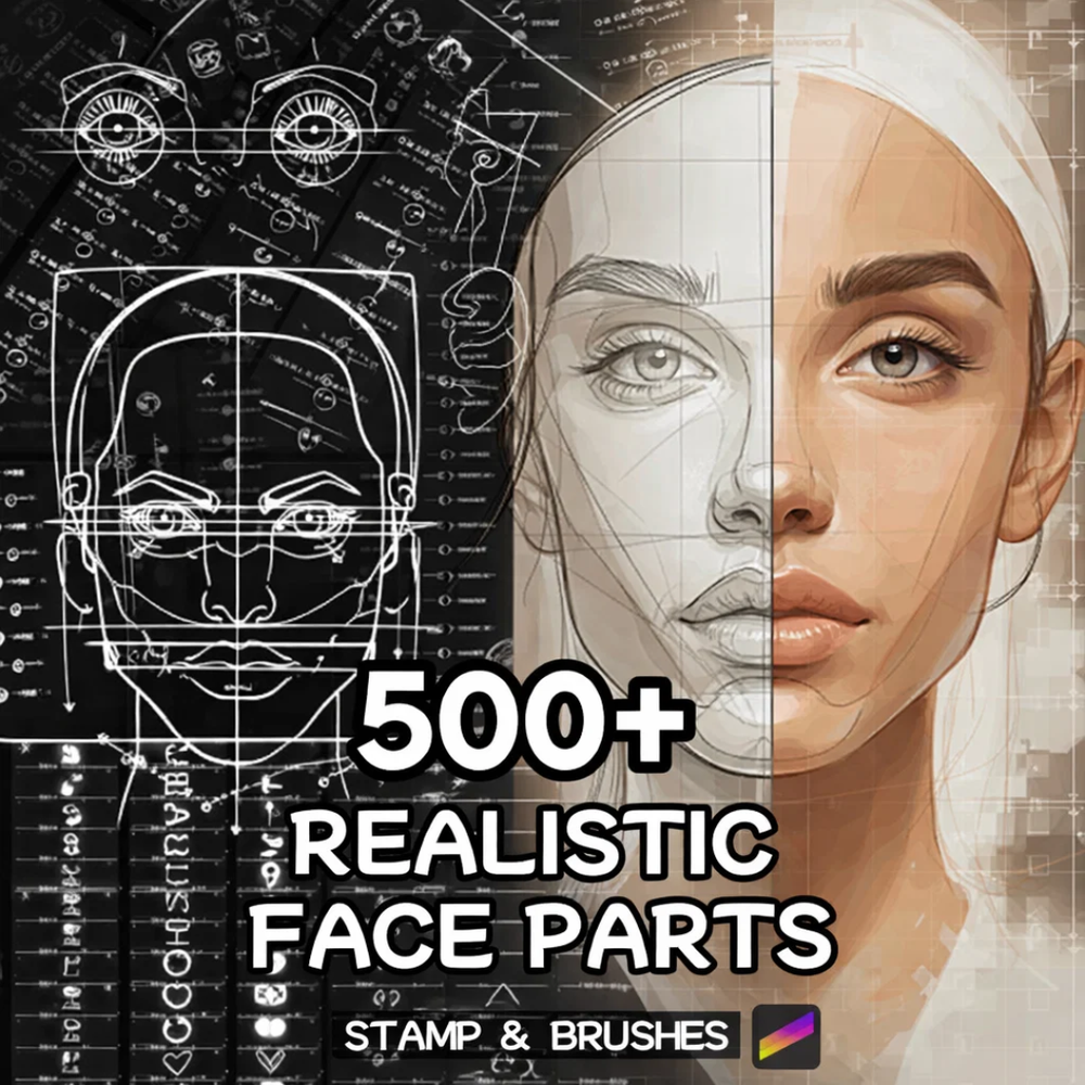 Procreate Face Stamp Brushes, 500+ Facial Features, Realistic, Charact