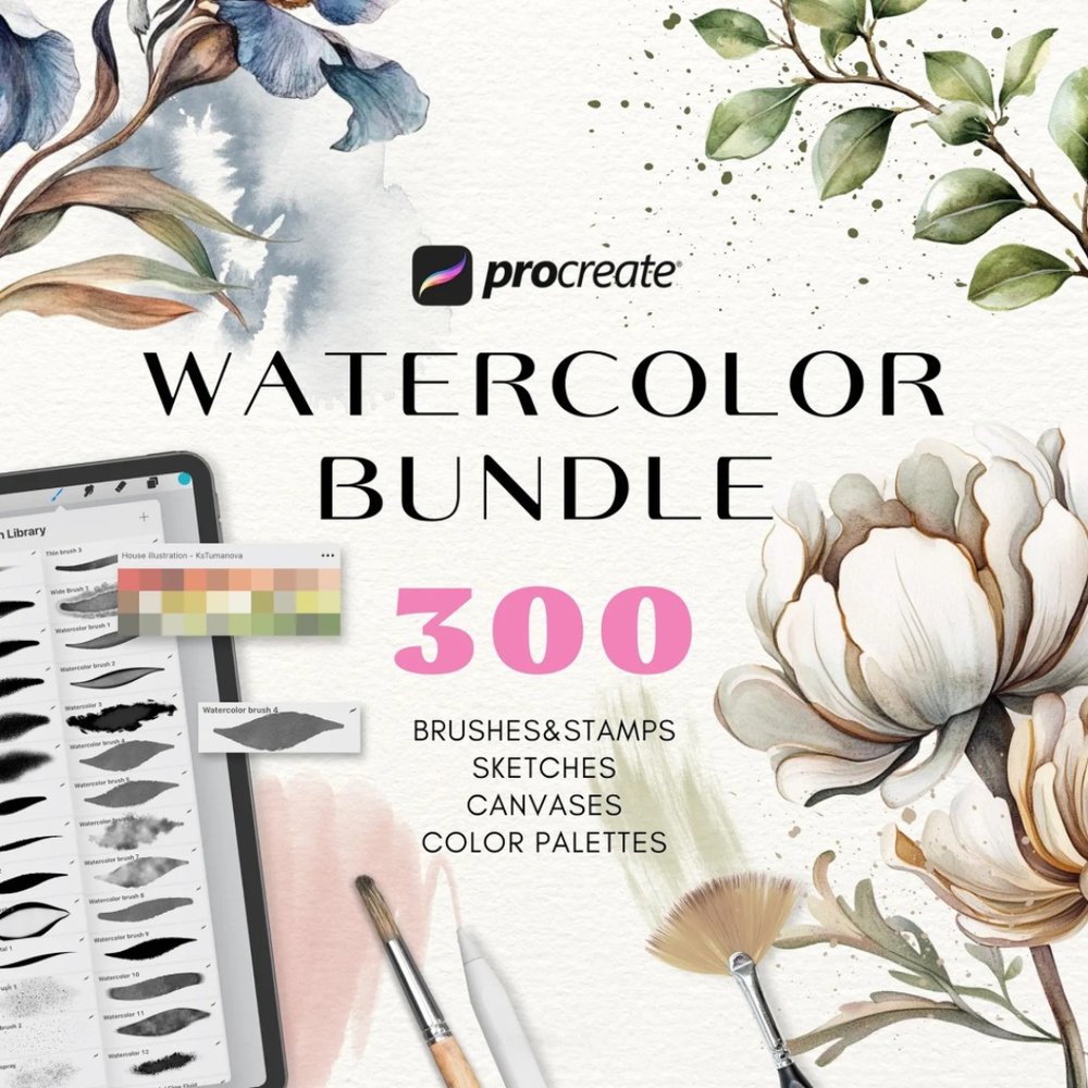 Realistic Watercolor Procreate Brushes, Watercolor bundle, Texture Bru
