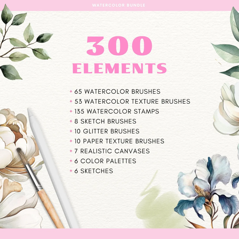 Realistic Watercolor Procreate Brushes, Watercolor bundle, Texture Bru